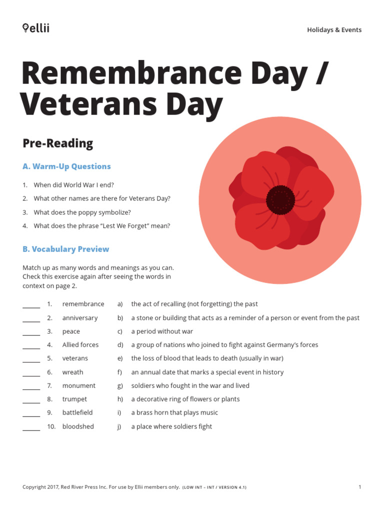 Remembrance Day Activities for ESL | PDF
