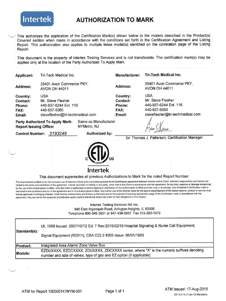 Certificado Integra ETL To UL Standard 1069 | PDF