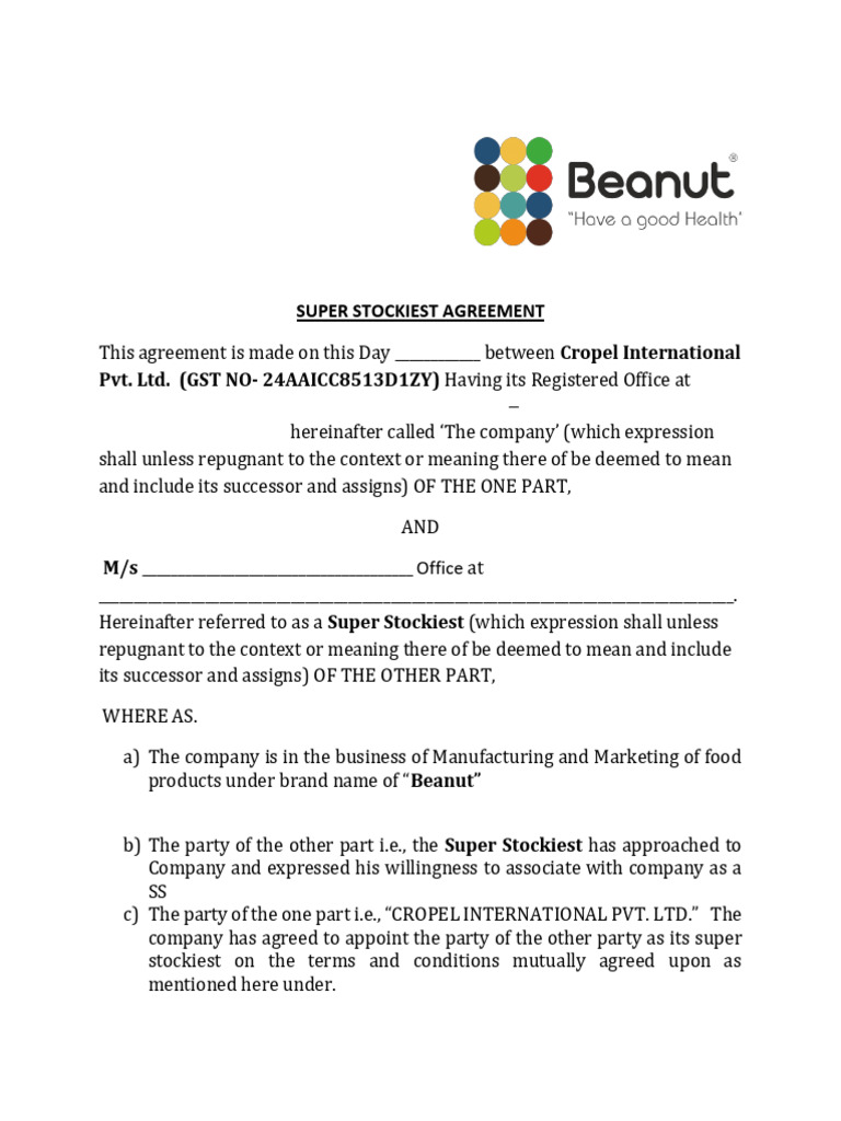 Super Stockiest - Agreement - Specimen | PDF | Business | Private Law