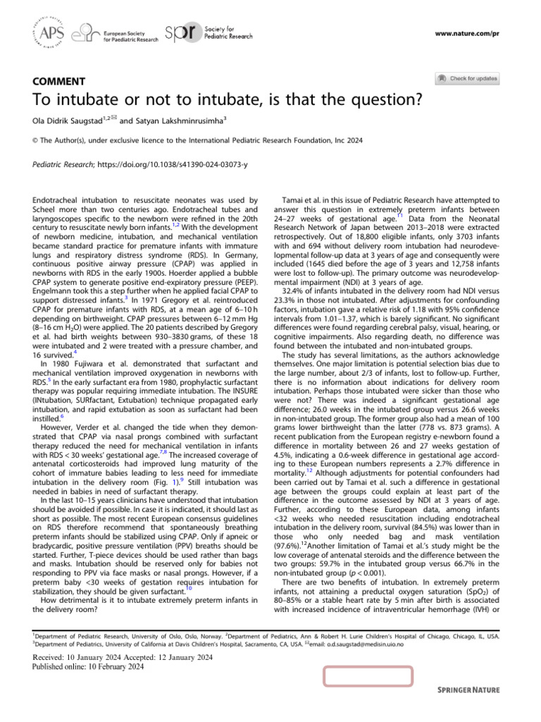 To Intubate or Not To Intubate Is That The Question | PDF | Preterm ...