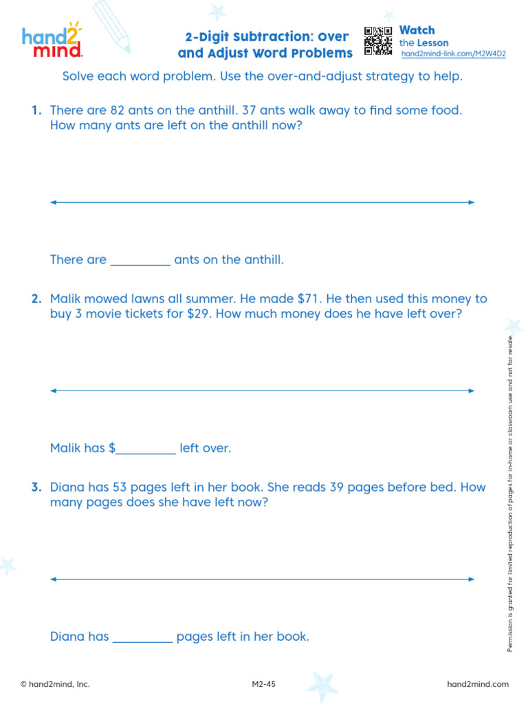 Grade 2 Math 2 Digit Subtraction Over and Adjust Word Problems | PDF