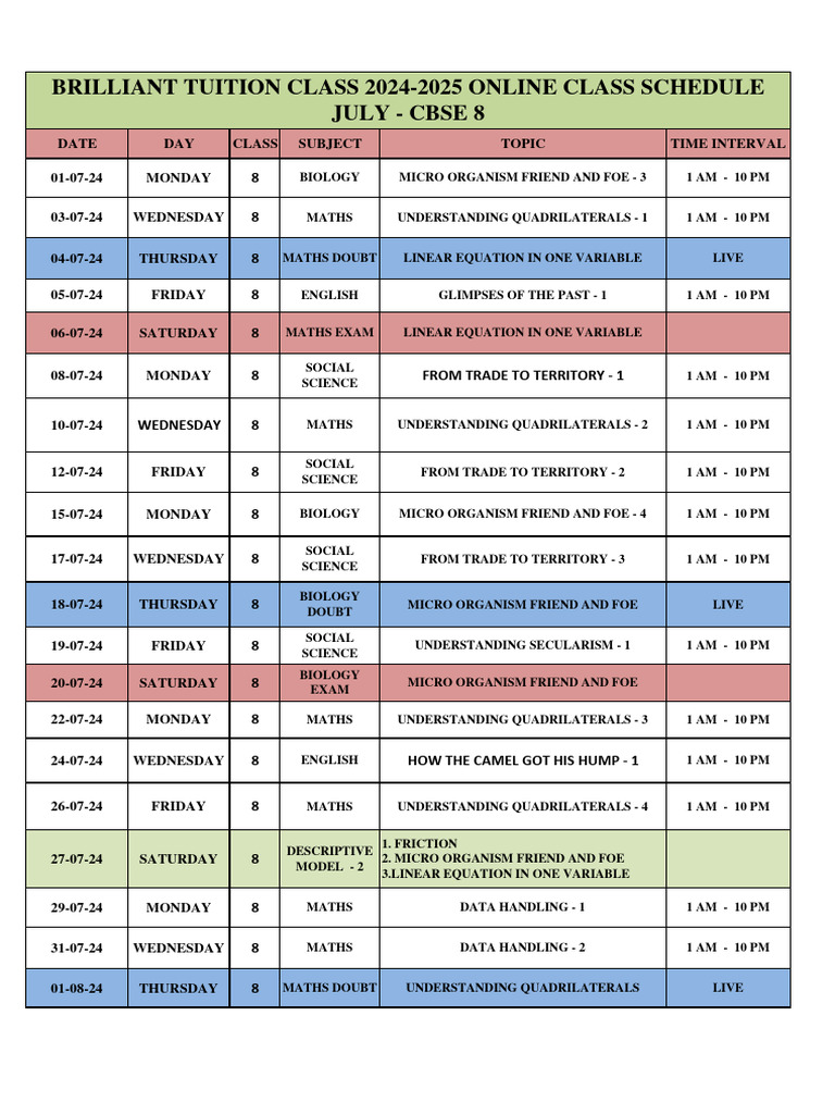BTC Shedule Cbse Class 8, July | PDF | Applied Mathematics | Mathematics