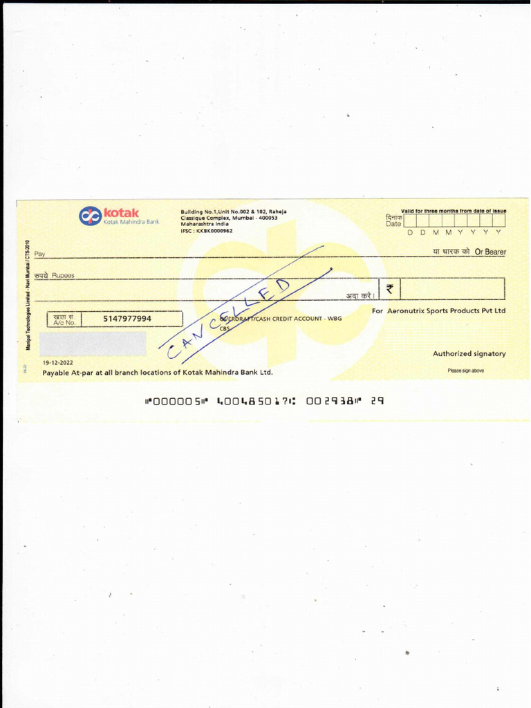 Kotak Cancelled Cheque | PDF