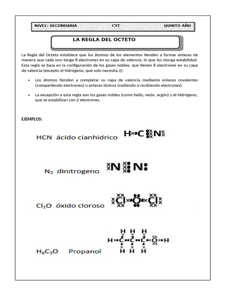 Ejemplos y ejercicios de la regla del octeto | PDF