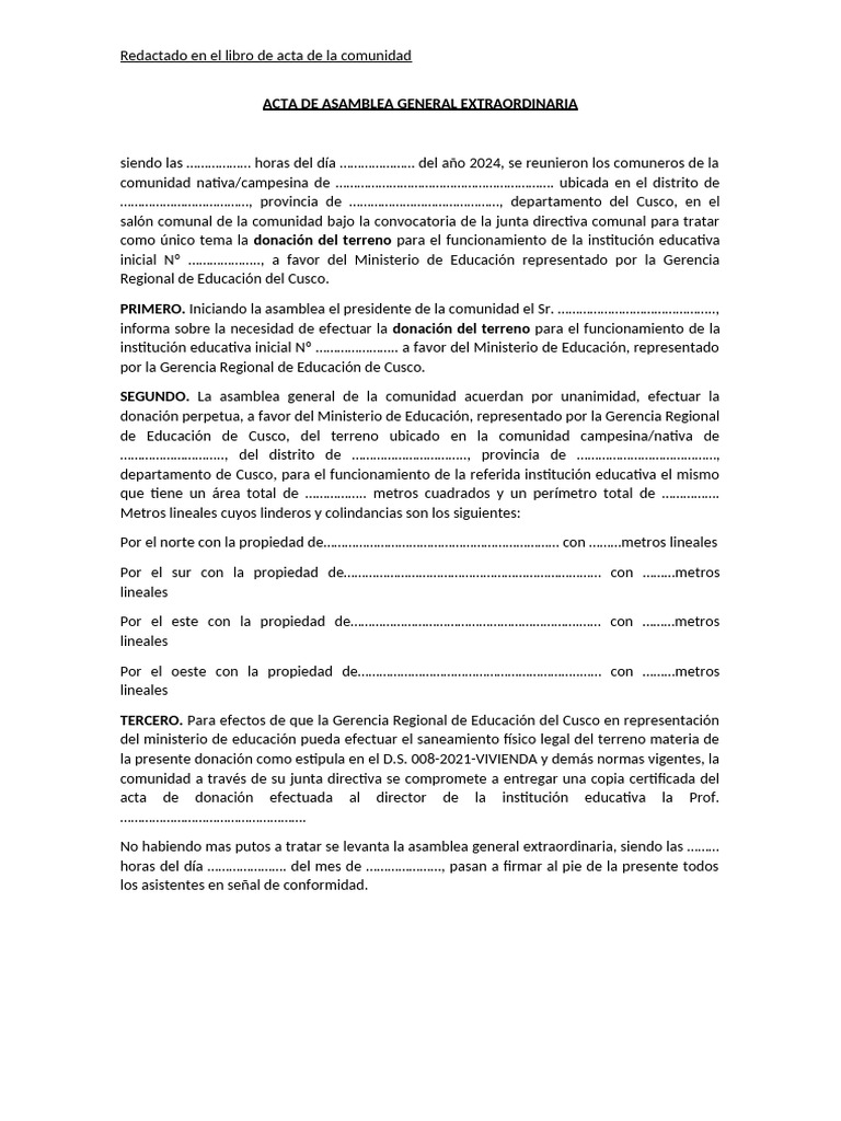 Acta de Asamblea General Extraordinaria | PDF | Gobierno