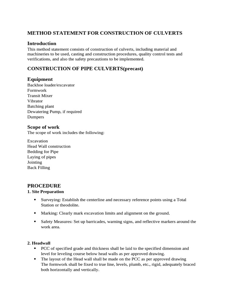 Method Statement For Construction of Culverts | PDF | Concrete | Pipe ...