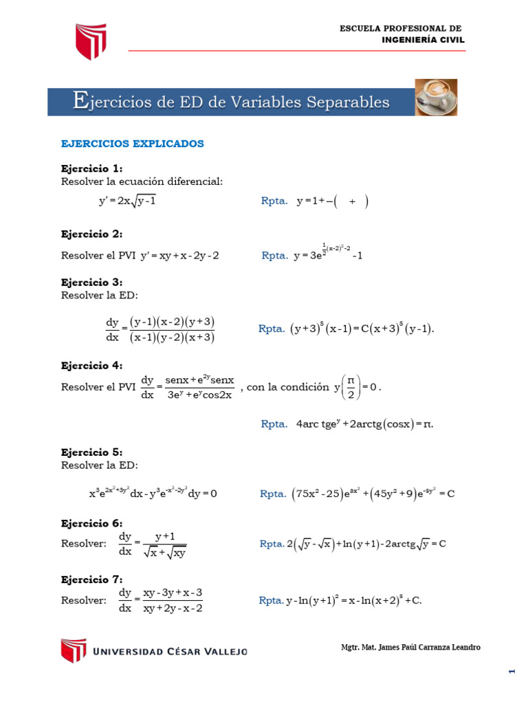 ED de VARIABLES SEPARABLES - Ejerc. Explicat. | PDF | Ecuaciones | Ecuaciones diferenciales