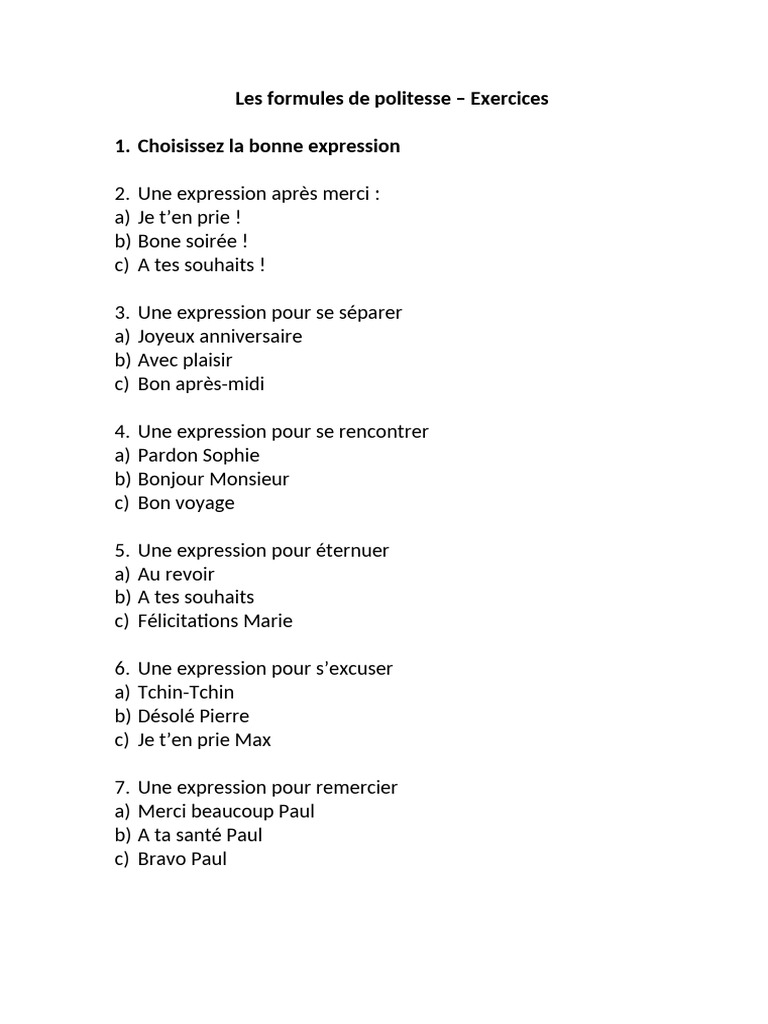 Les Formules de Politesse - Exercices | PDF | Arts du langage et discipline