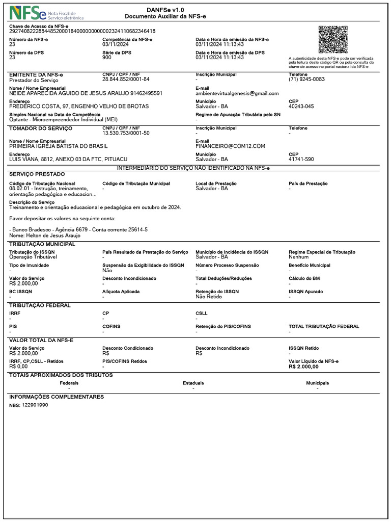 Nota Fiscal de Outubro 2024 - Neide Aparecida | PDF