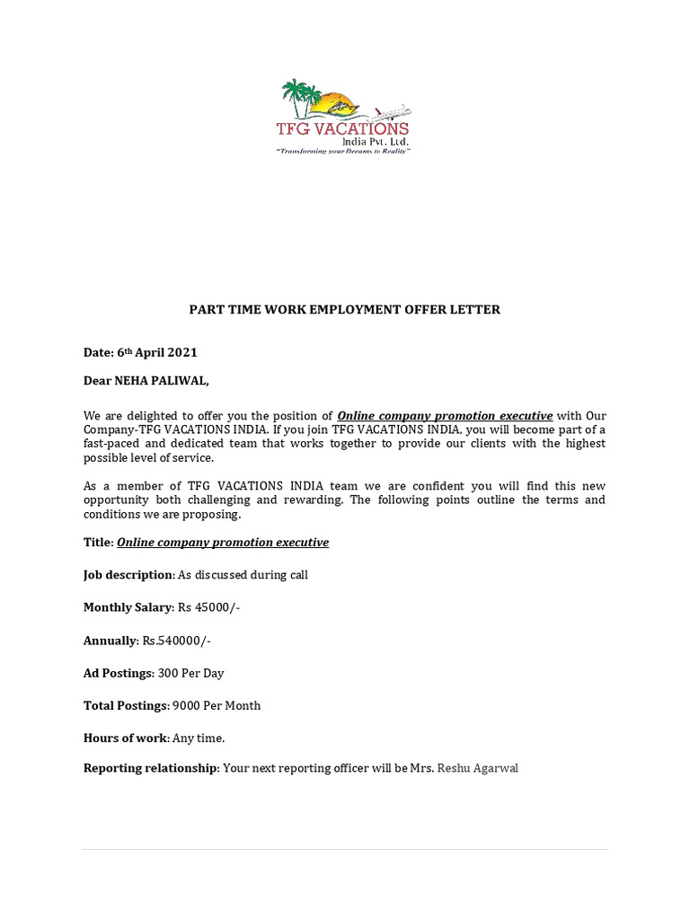 Neha Paliwal Offer Letter | PDF | Career & Growth | Business