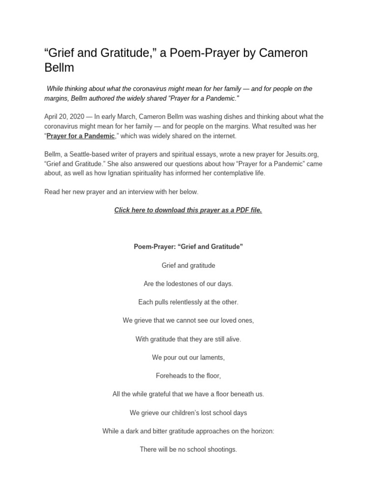"Grief and Gratitude," A Poem-Prayer by Cameron Bellm For Translation | PDF | Prayer | Jesus