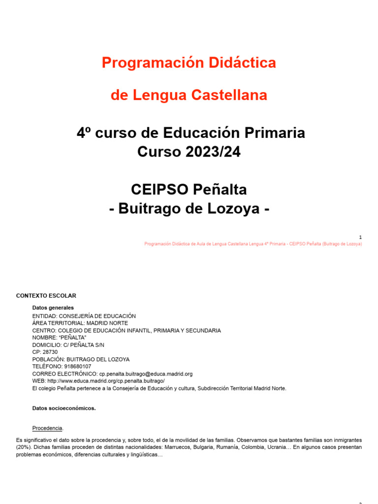 Programacion Didactica 4o Lengua | PDF | Aprendizaje | Evaluación