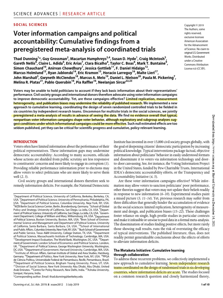 Dunning, Thad, Et Al. Voter Information Campaigns and Political ...