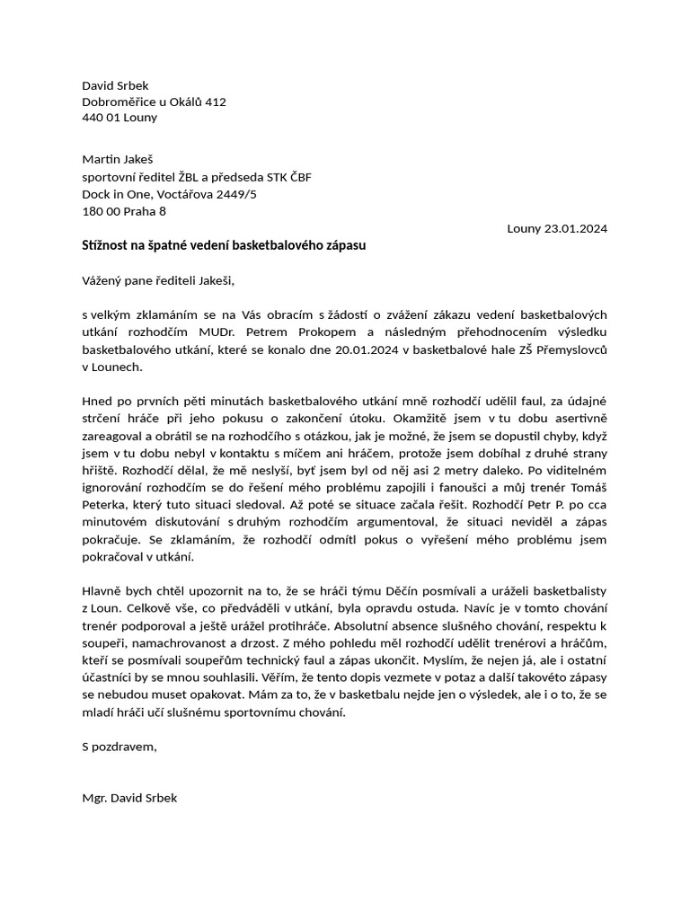 Slohová Práce - Formální Dopis 02 | PDF