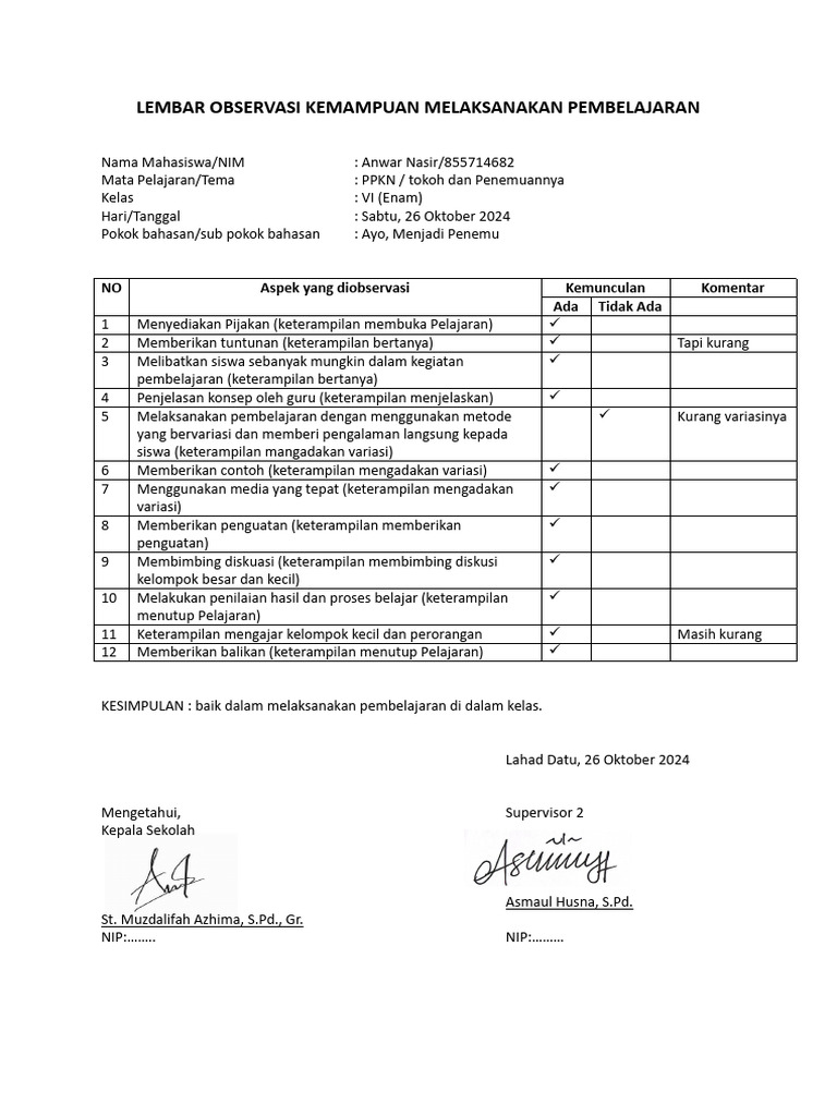 Tugas PKM 2 - LEMBAR OBSERVASI KEMAMPUAN MELAKSANAKAN PEMBELAJARAN | PDF | Karier & Perkembangan ...