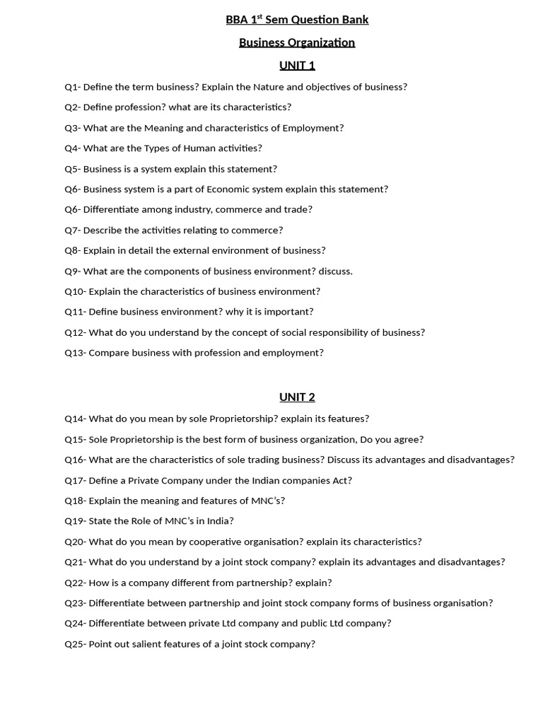 BBA 1 Sem Question Bank | PDF | Entrepreneurship | Business
