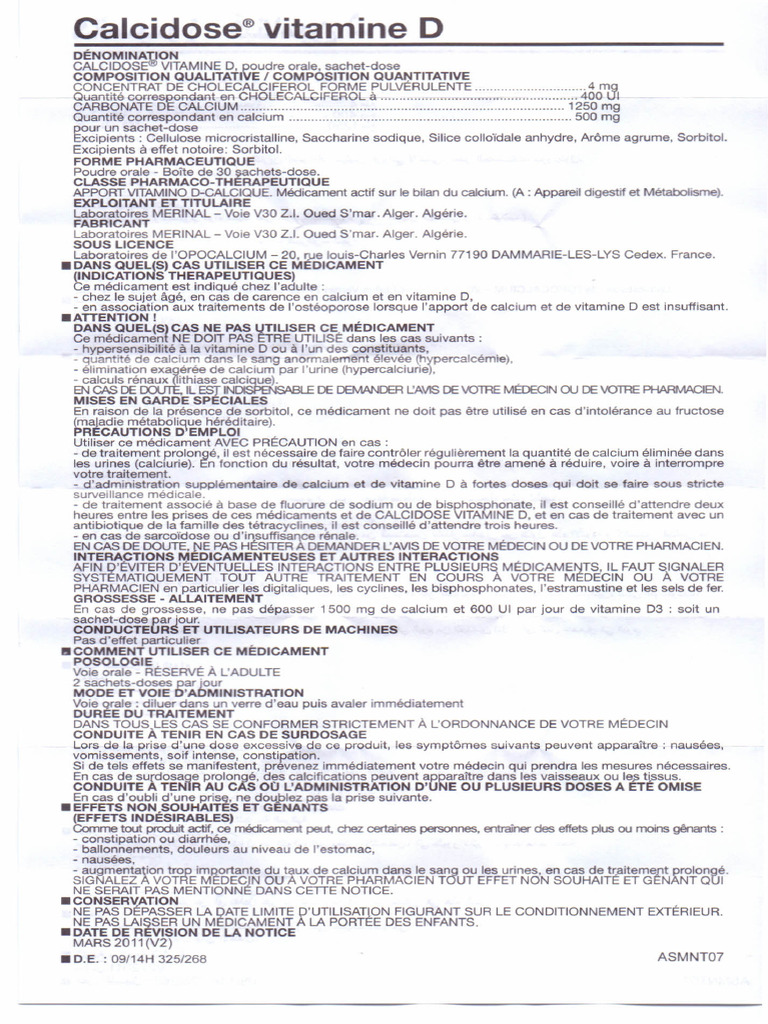 Notice Calcidose Vitamine D 400ui 500mg Sachet Pdre. Orale en Sach ...