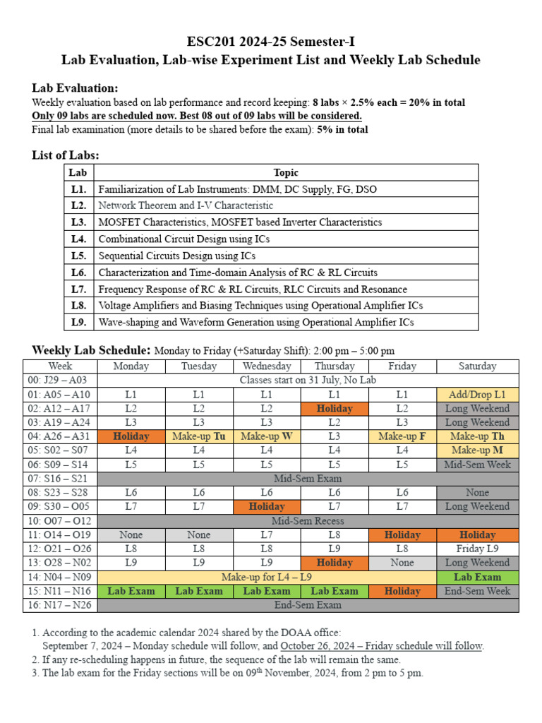 ESC201 Lab Updated Schedule - 2024-25 Sem-I | PDF | Amplifier | Electronics