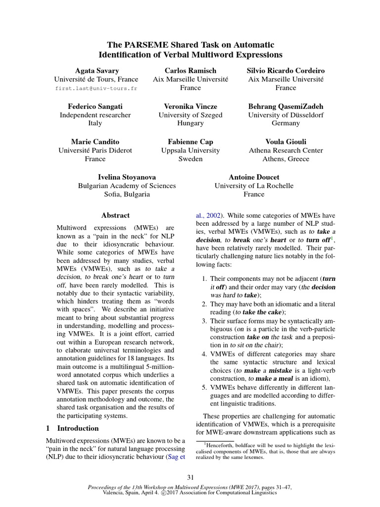 The PARSEME Shared Task On Automatic Identification of Verbal Multiword ... The PARSEME Shared Task On Automatic Identification of Verbal Multiword ...