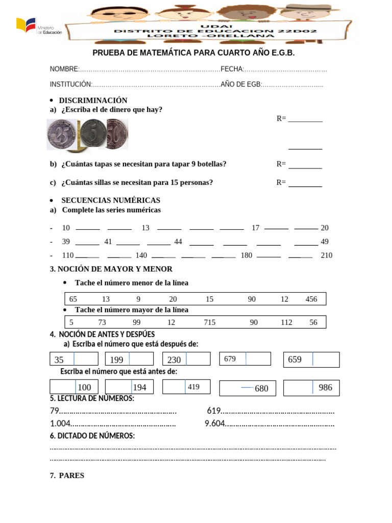 Prueba de Matemática. Cuarto E.B. | PDF