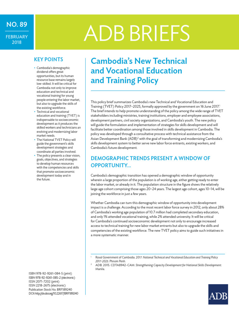 Adb Brief 089 Cambodia New Tvet Policy | PDF | Asian Development Bank | Employment