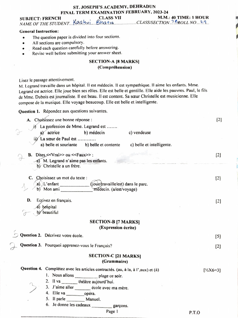 Term 2 French, Cls 7, Kashvi | PDF