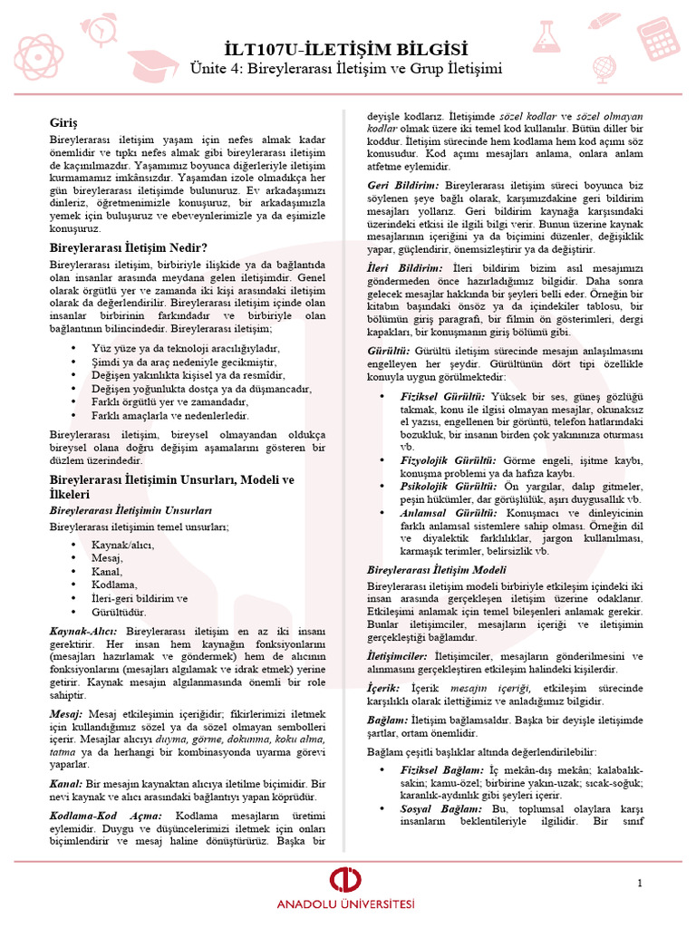 LT107U-LET MB LG S: Ünite 4: Bireylerarası Leti Im Ve Grup Leti Imi | PDF
