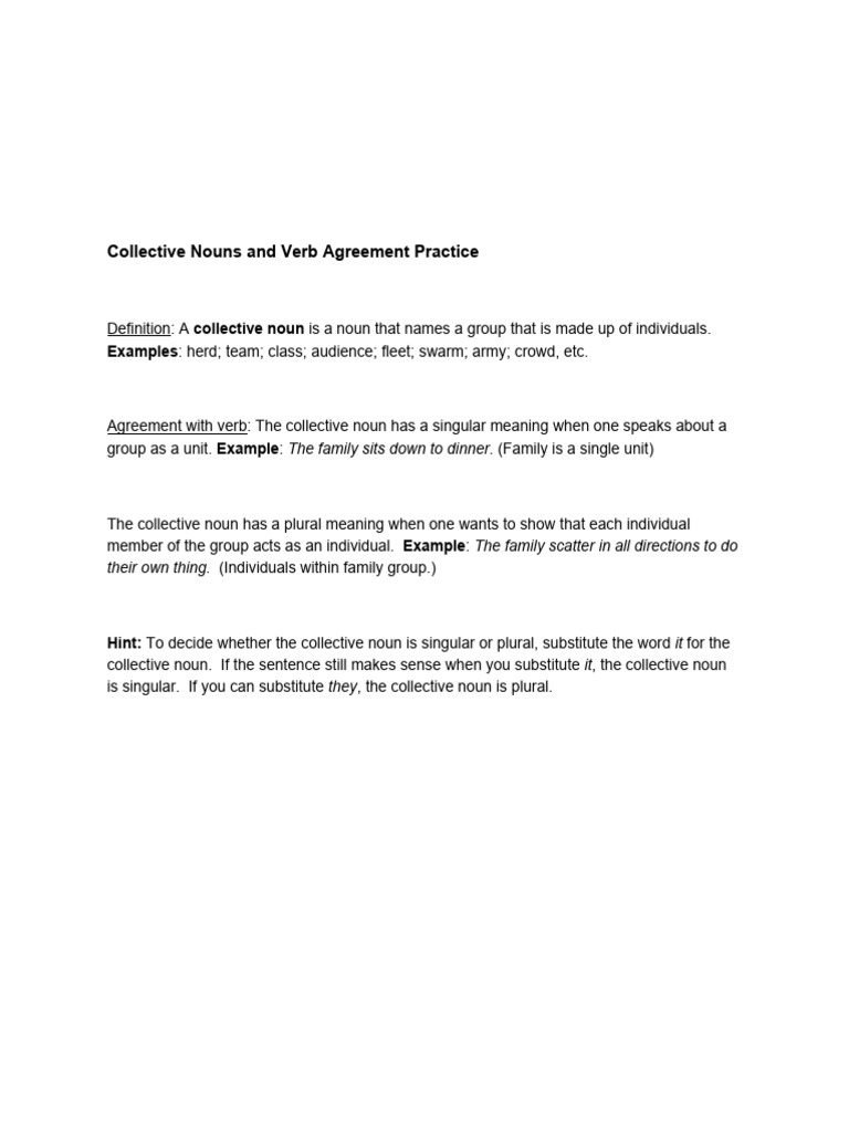 Collective Nouns and Verb Agreement Practice | PDF | Art