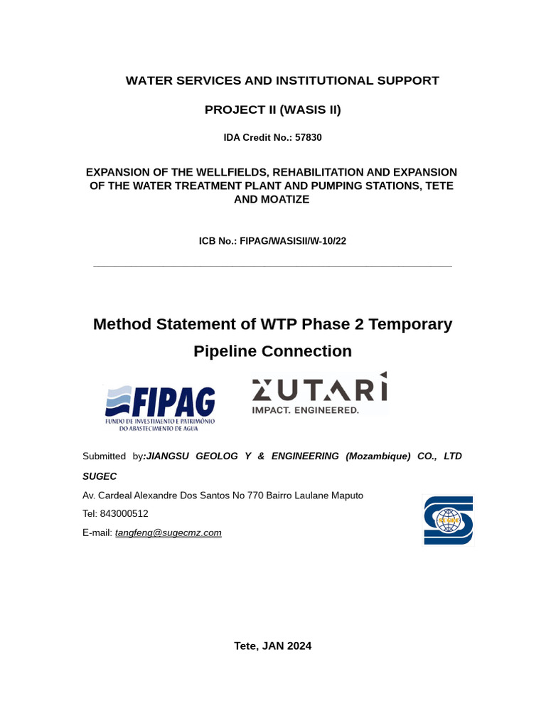 Method Statement of WTP Phase 2 Temporary Pipeline Connection | PDF | Pipe (Fluid Conveyance ...