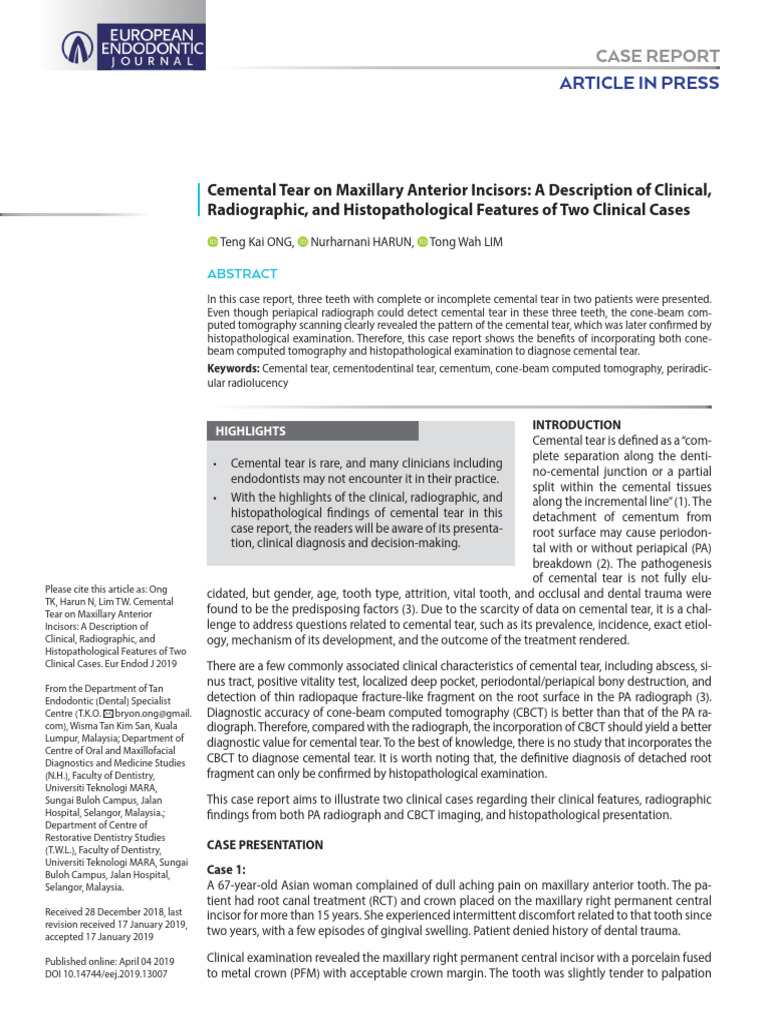 Cemental Tear On Maxillary Anterior Incisors A Des | PDF ...
