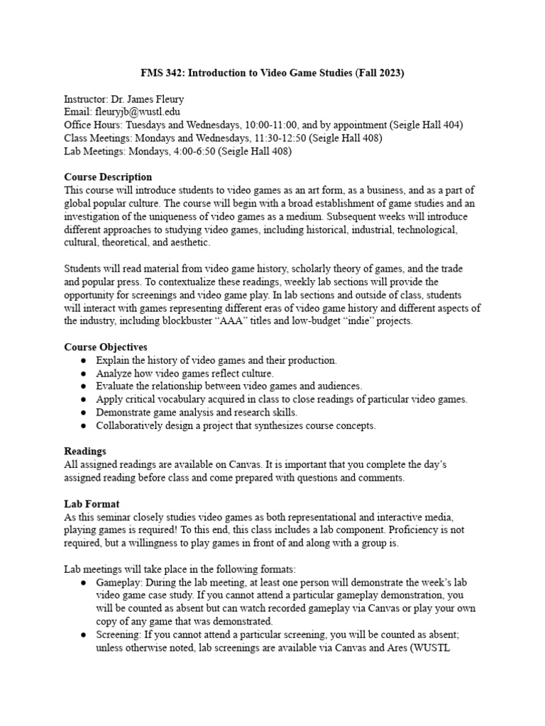 Syllabus Introduction To Video Game Stud | PDF | Video Games | Liberal ...