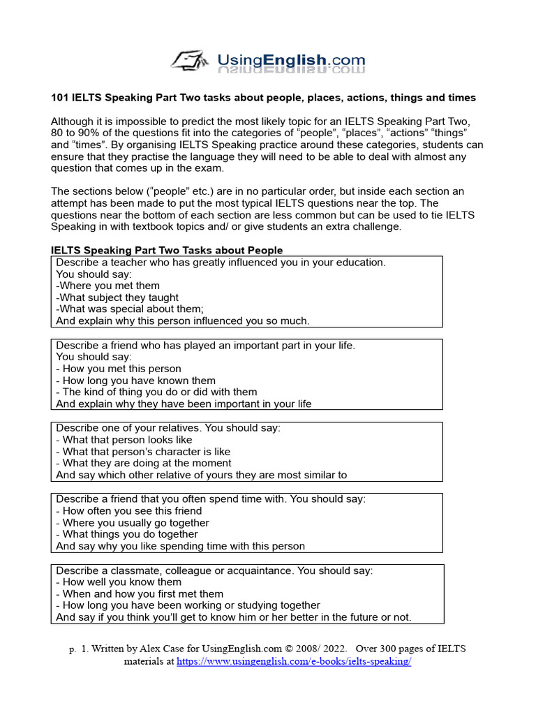 101 Ielts Speaking Part Two Tasks About People Places Actions Things ...
