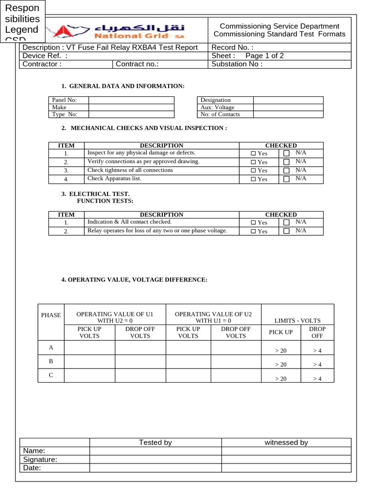 VT Fuse Fail Relay Test Report | PDF | Fuse (Electrical) | Relay
