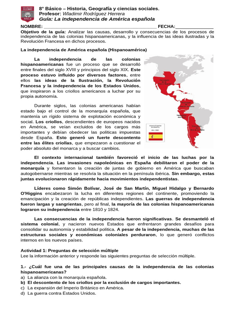 05 - Unidad 3 - Guia 5 - La Independencia de America Española | PDF ...