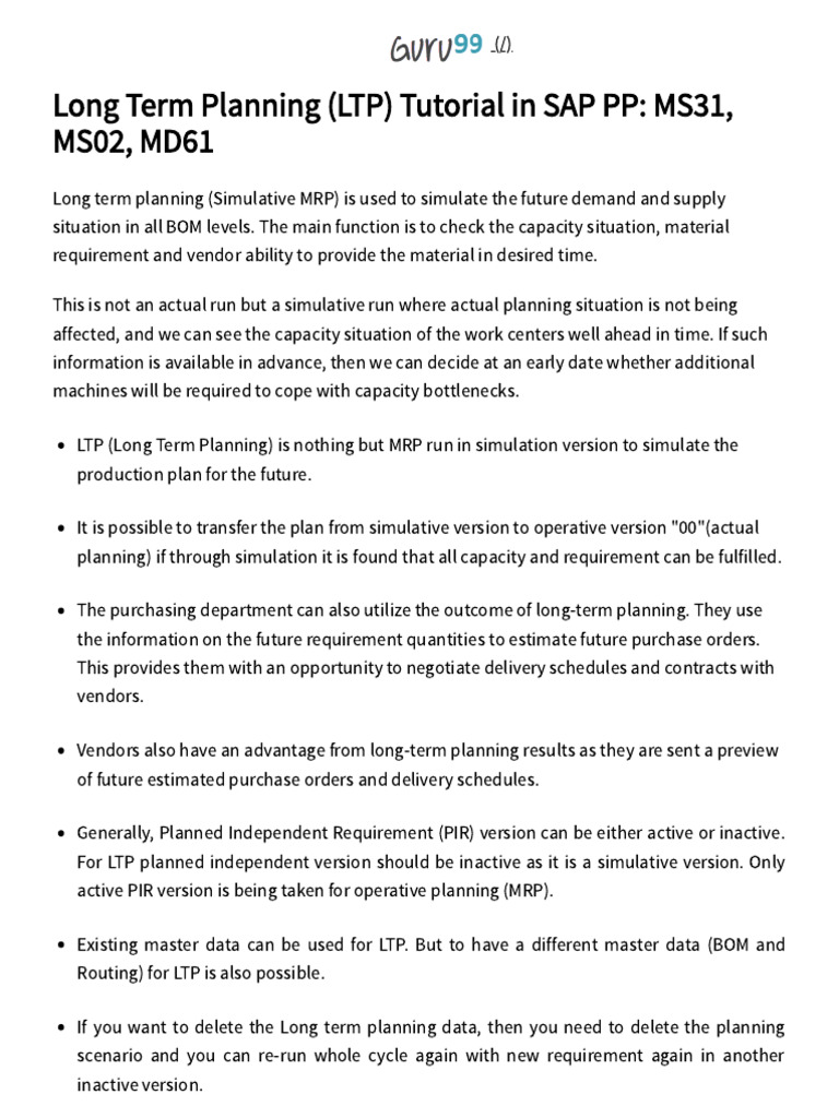 Long Term Planning (LTP) Tutorial in SAP PP - MS31, MS02, MD61 | PDF | Computing
