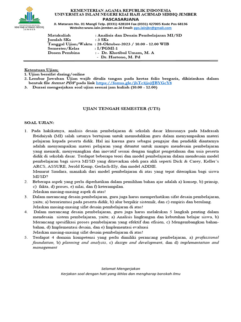 UTS Analisis Dan Desain Pembelajaran MI 2023 | PDF