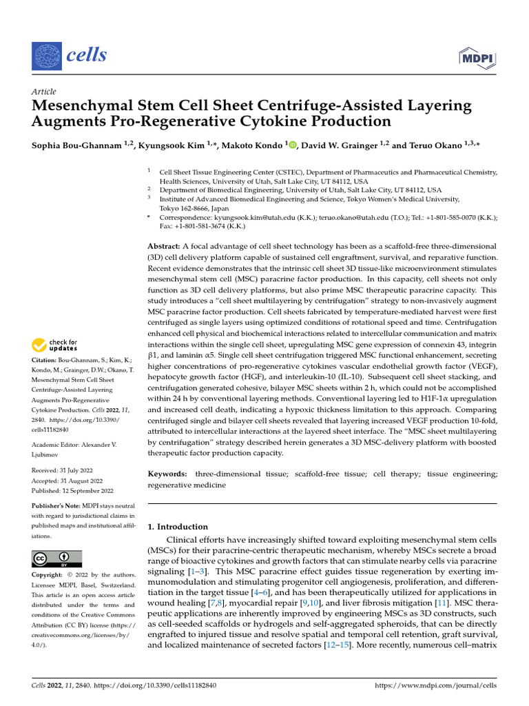 Mesenchymal Stem Cell Sheet Centrifuge-Assisted Layering Augments Pro-Regenerative Cytokine ...