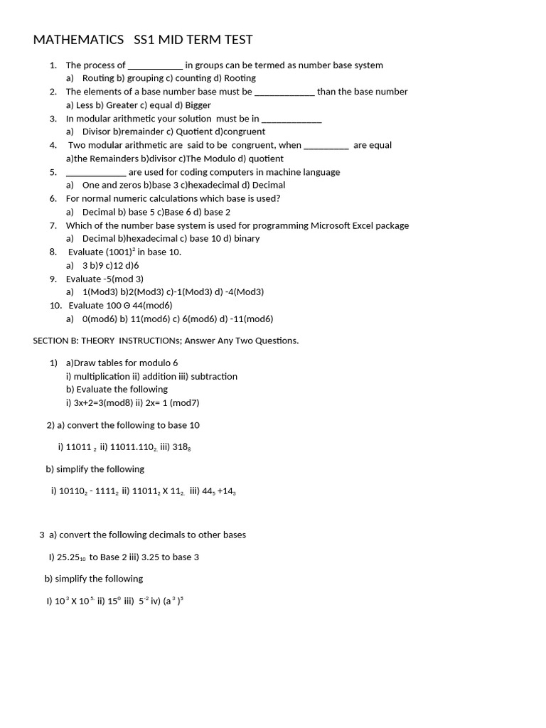 Mathematics Ss1 Mid Term Test | PDF | Teaching Methods & Materials