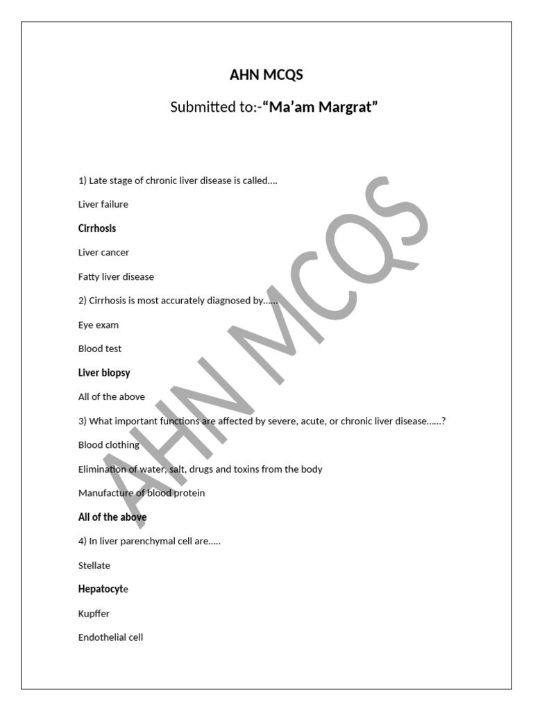 AHN MCQS - Docx by Amjid Ali Lecturer Zia Nursing College | PDF | Cirrhosis | Crohn's Disease