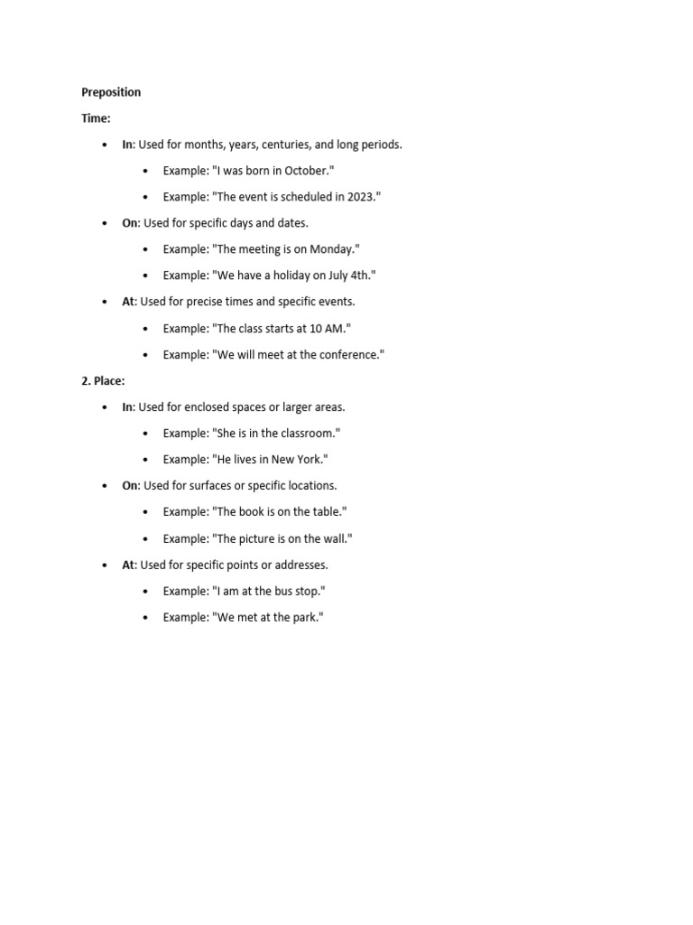 Prepositions: Time and Place Guide | PDF