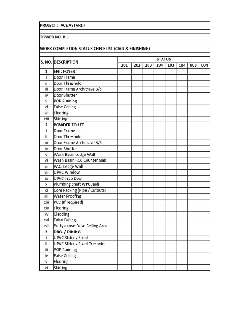 Ace Starlit - Work Status Checklist - Tower, B-1 | PDF | Door | Wall