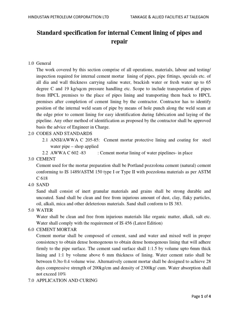 Cement lining procedure | PDF | Pipe (Fluid Conveyance) | Concrete
