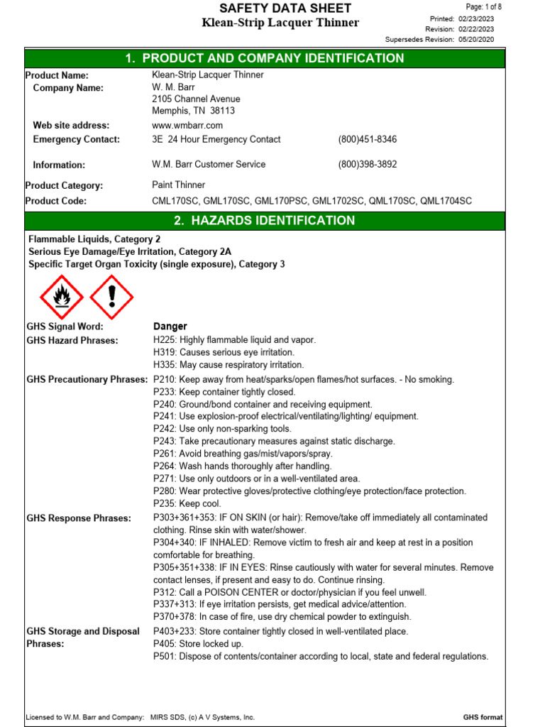 Klean-Strip Lacquer Thinner SDS | PDF | Firefighting | Personal ...
