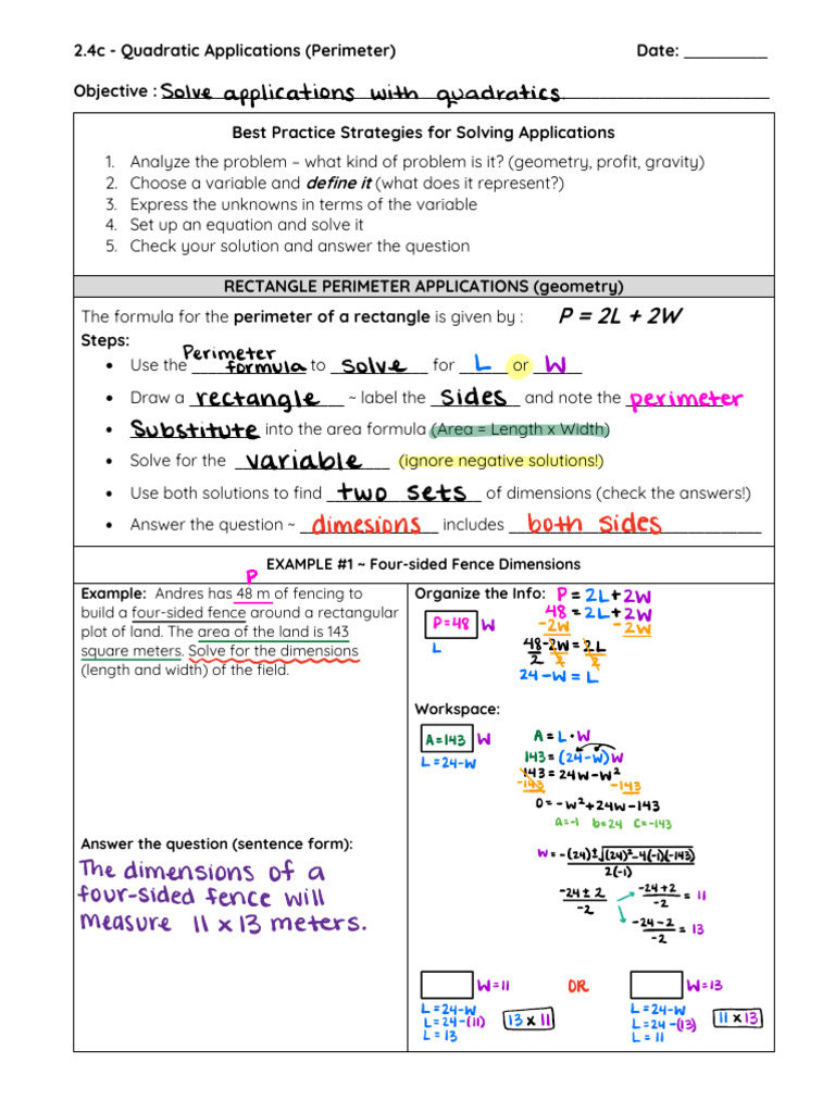 Quadratic Applications: Rectangle Perimeter | PDF