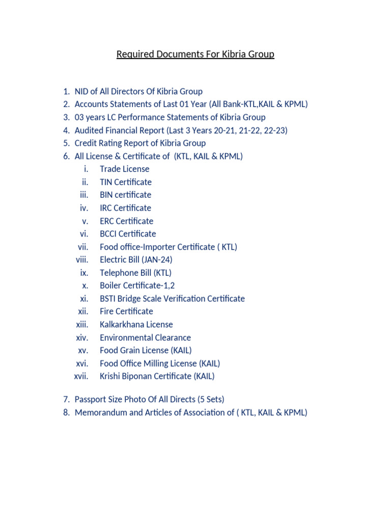 Required Documents For Kibria Group | PDF | Technology & Engineering