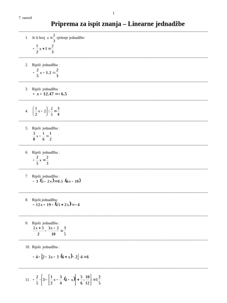 Priprema Za Ispit Znanja Linearne Jednadzbe | PDF