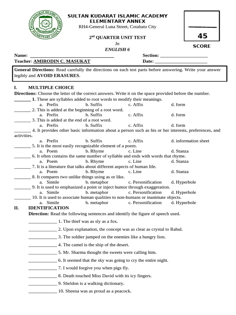 ENGL - 6 - UNIT TEST - Quarter 2 | PDF | Poetry | Rhyme