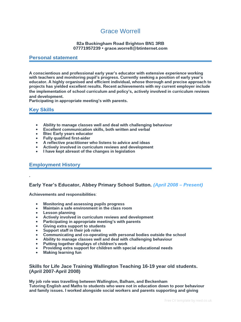 Grace Worrell CV 2918 2 | PDF | Teachers | Curriculum