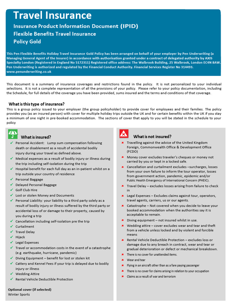 Pen Flex Travel Gold Uk 2023 Ipid - Final | PDF | Insurance | Liability ...