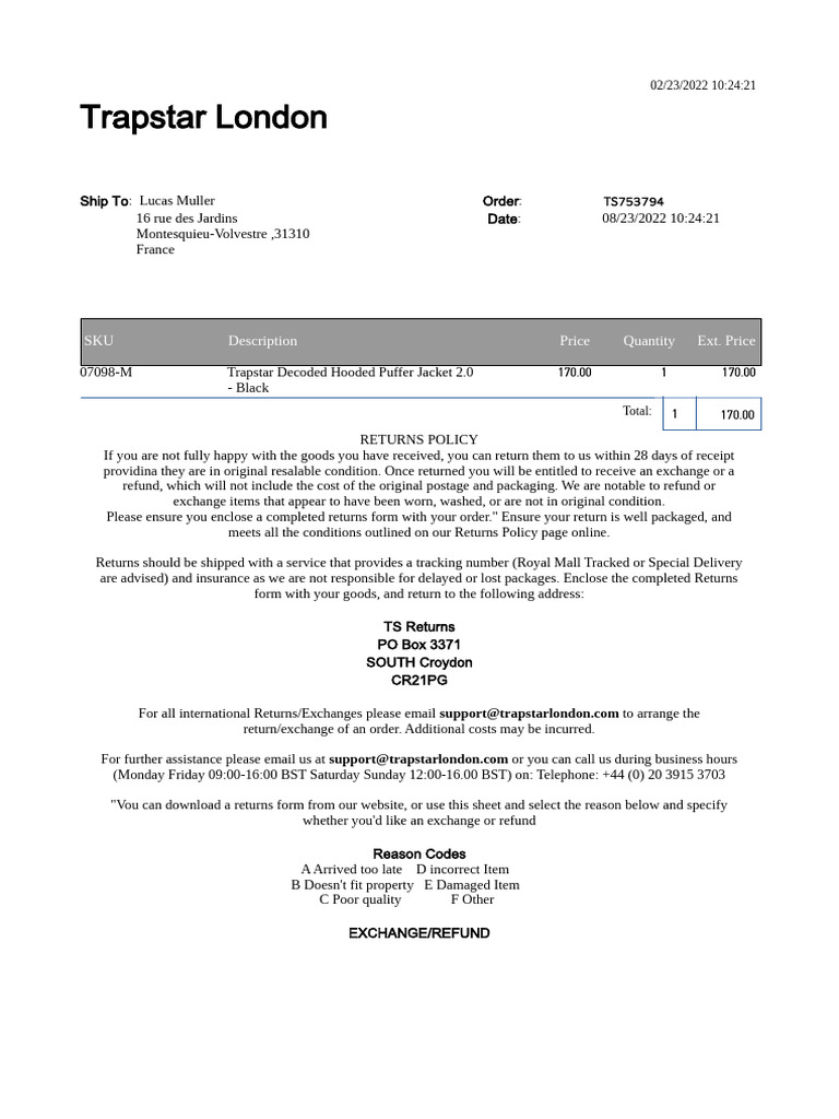 Trapstar Returns and Contact Info | PDF | Freight Transport
